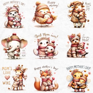 Mother's Day Clipart, Watercolor Mother and Baby Animals Clipart ...