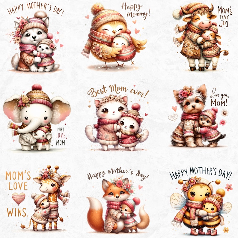 Watercolor Mother's Day Animal Clipart: Mom and Baby PNG (digital ...