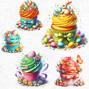 20 Easter Cupcake Clipart PNG Bundle, Floral Easter Illustrations Clip ...