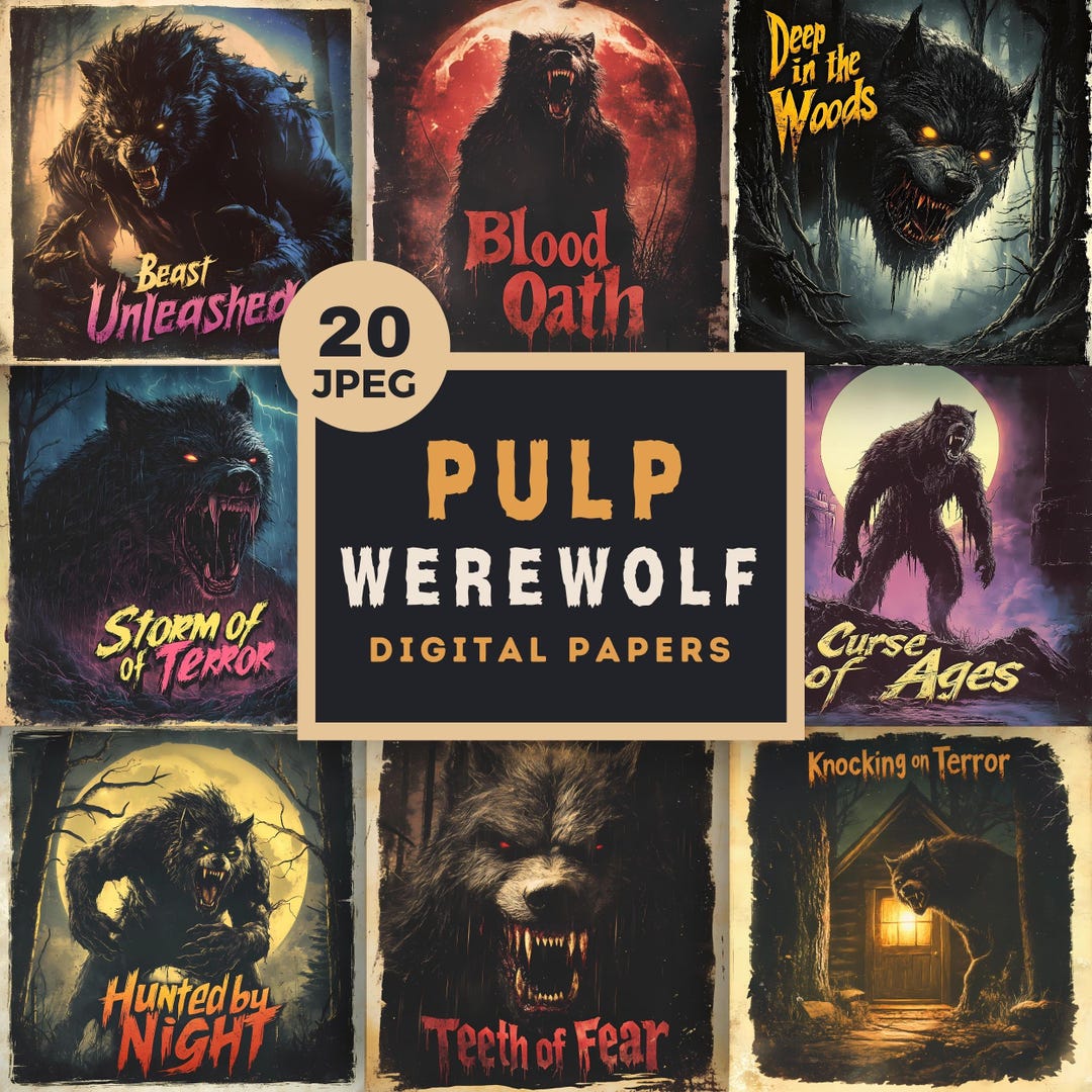 Pulp Werewolf Digital Paper: Horror Halloween Scrapbook (20 JPEG Pages ...
