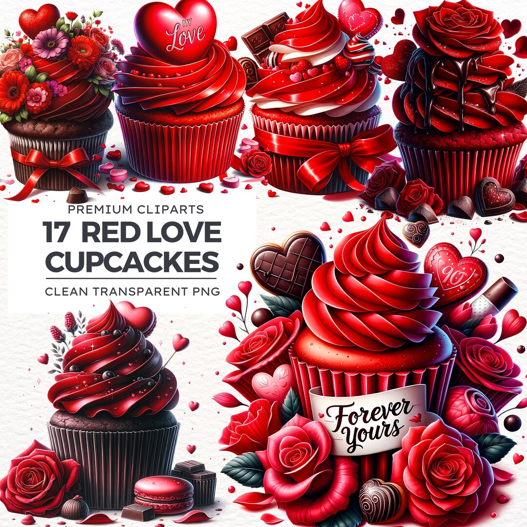 Red Valentines Cupcake Clipart Bundle, Valentine Day Cupcake PNG ...