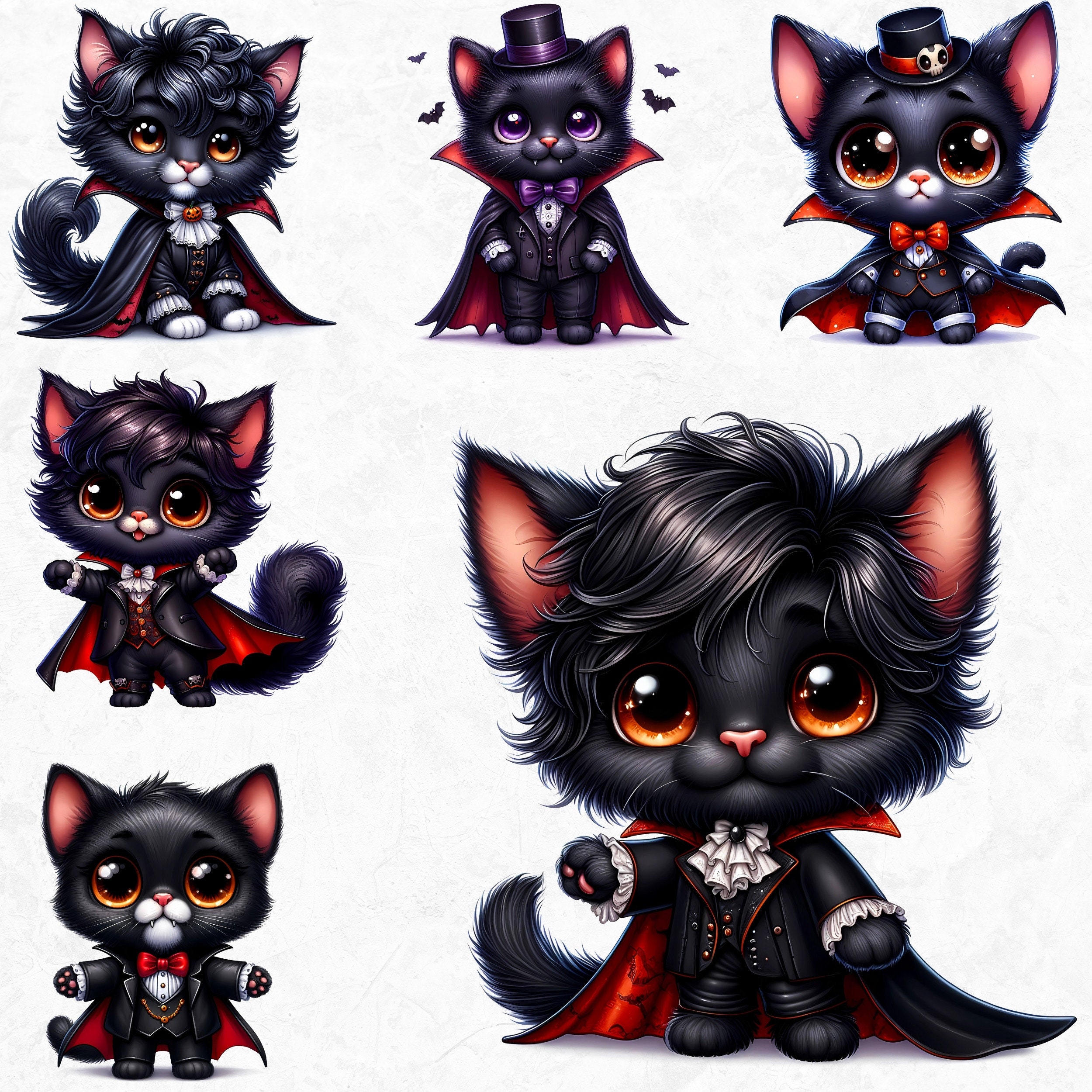 Halloween Vampire Black Cat Clipart, Watercolor Kittens (PNG) - Etsy