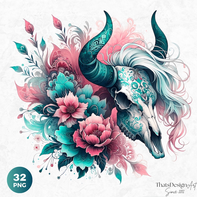 Boho Bull Skull Clipart: Western Floral PNG Set, Cow Art (digital ...