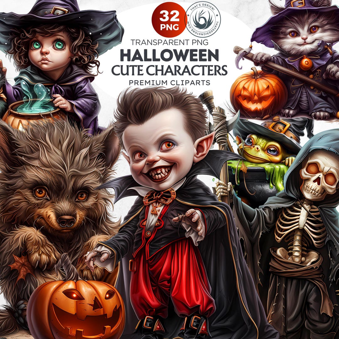 32 Cute Halloween Characters Clipart V2, Cute Halloween Png Bundle ...