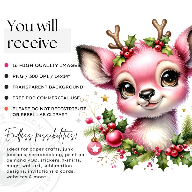 16 Cute Pink Reindeer PNG Clipart Bundle Watercolor Santa - Etsy UK