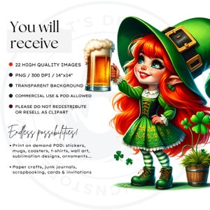 St Patricks Day Gnome Girls Clipart PNG Set, Watercolor Leprechaun Girl ...
