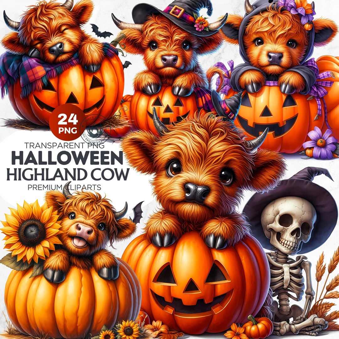 Halloween Highland Cow Clipart Set: Pumpkin PNG Designs (digital ...