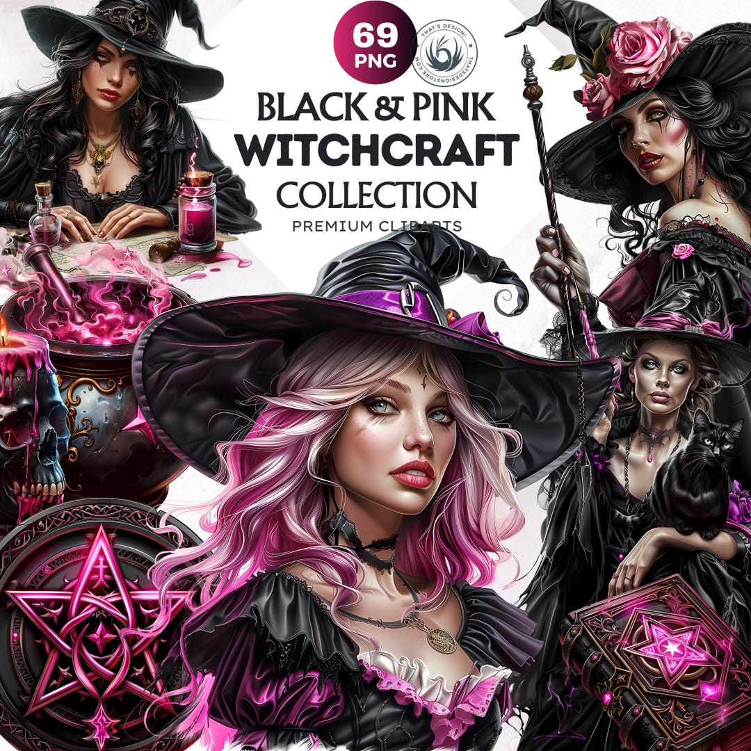 Pink Witch Clipart PNG: Fantasy Witchcraft Graphics (commercial Use) - Etsy
