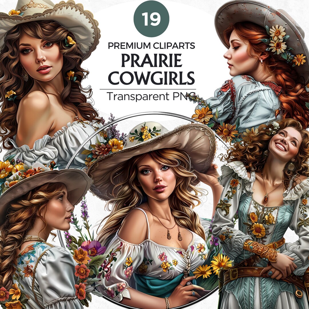 Western Prairie Cowgirl Clipart Set, Fashion Cowgirl Portrait, Cowgirl ...