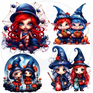 Watercolor Fall Garden Gnomes Halloween Clipart PNG | Red and Blue ...