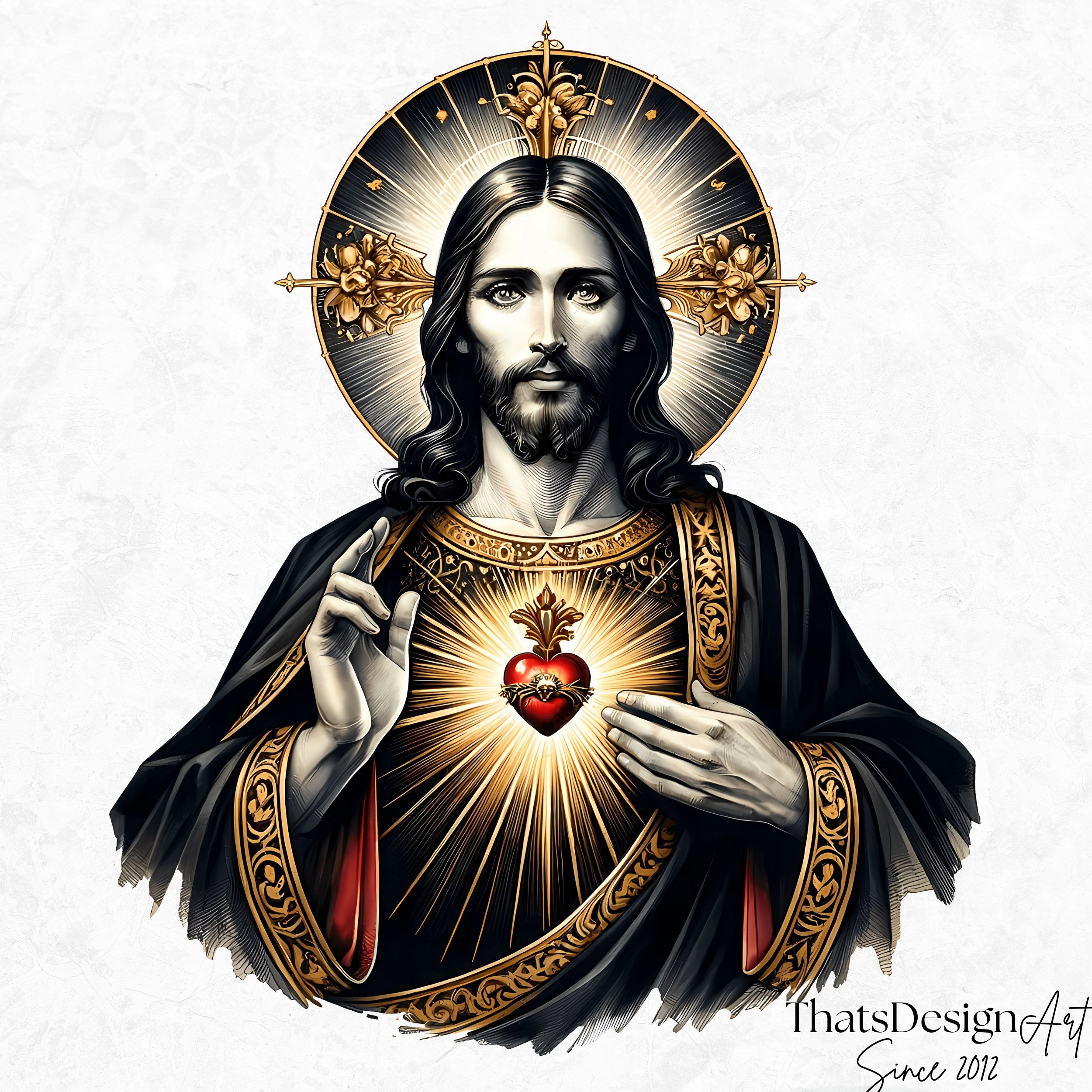 Black & Gold Jesus Christ Clipart: Sacred Heart PNG Graphics (digital ...