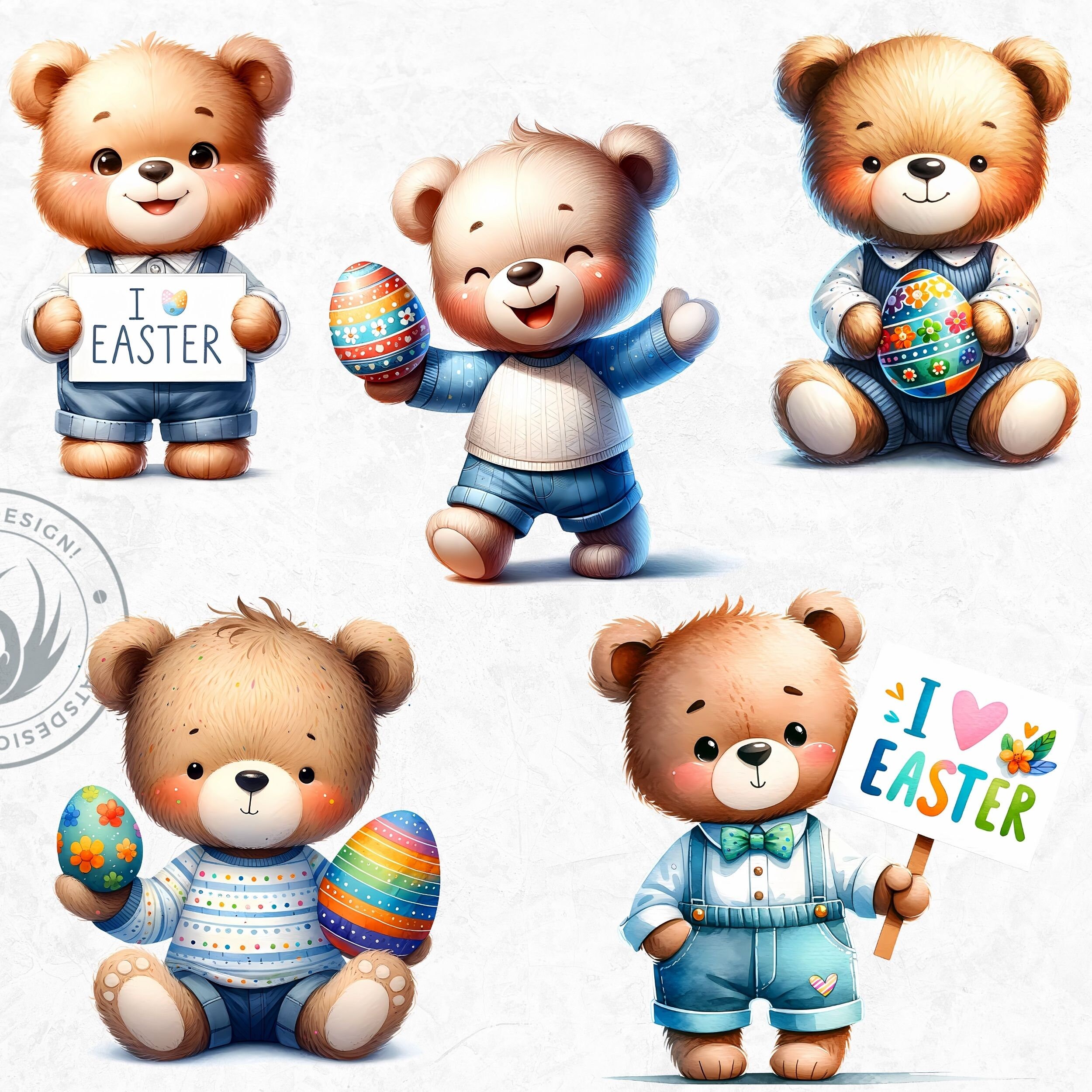 Easter Teddy Bear Clipart Set: Nursery Spring PNG Graphics (digital ...