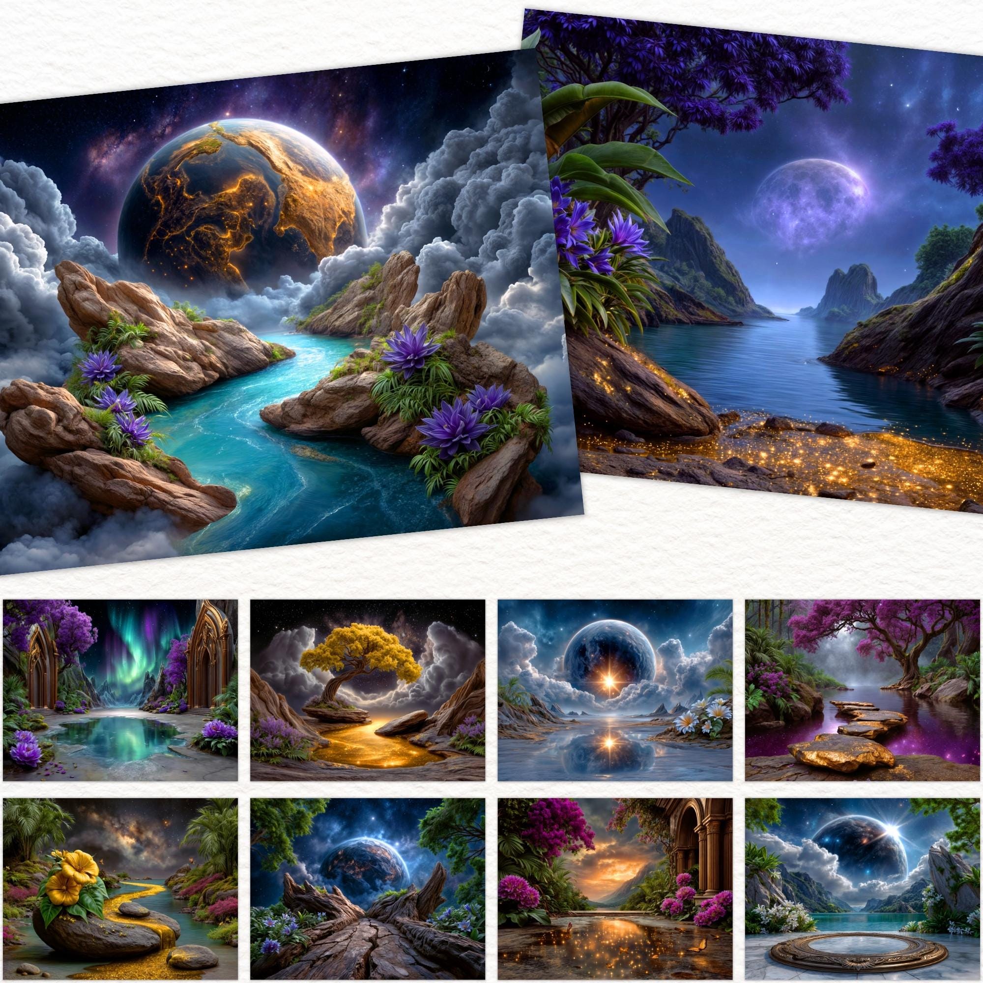 Celestial Garden Fantasy Backdrops Digital Paper, Surreal Space Junk ...
