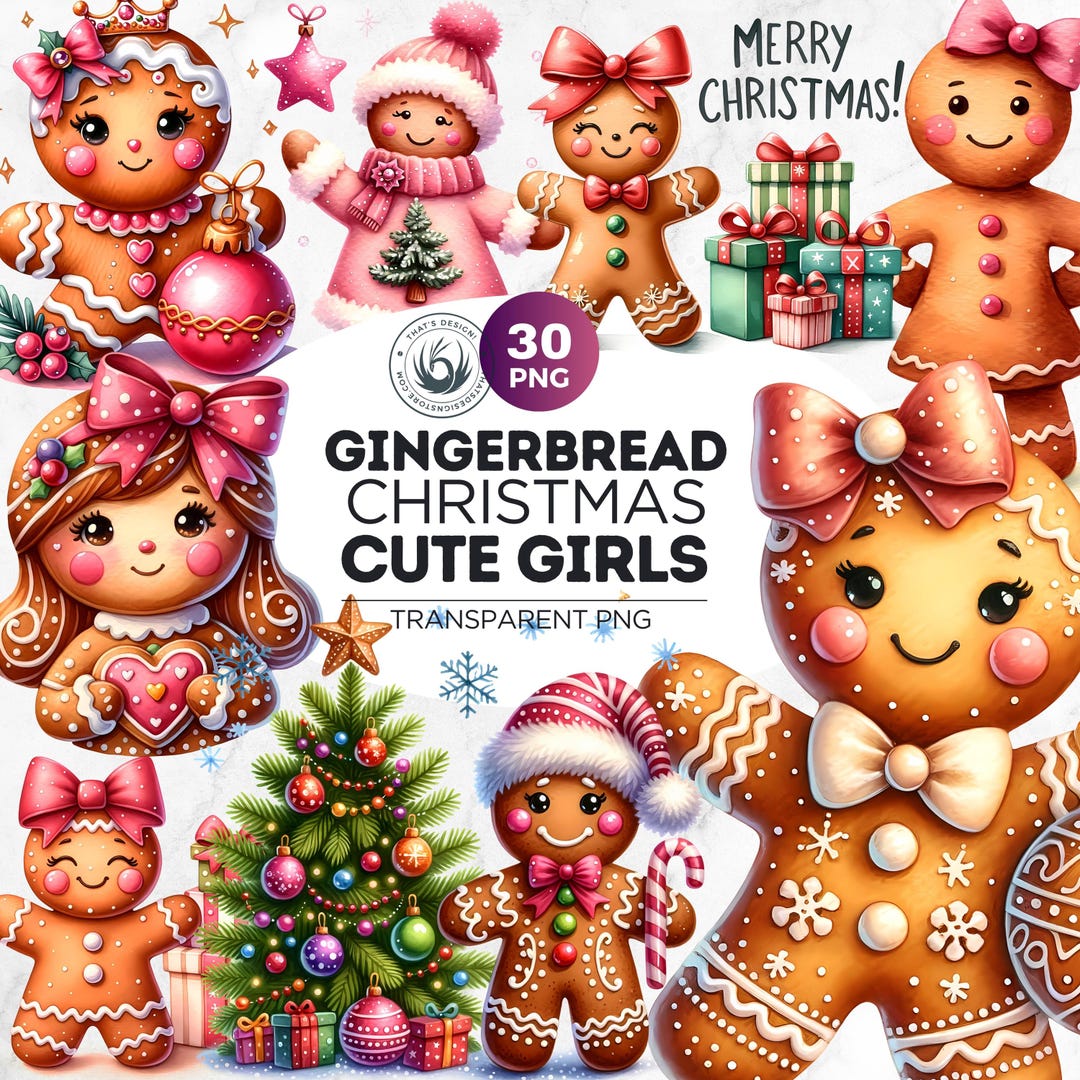 Watercolor Gingerbread Girl Christmas Clipart: Pink PNG Bundle (digital ...