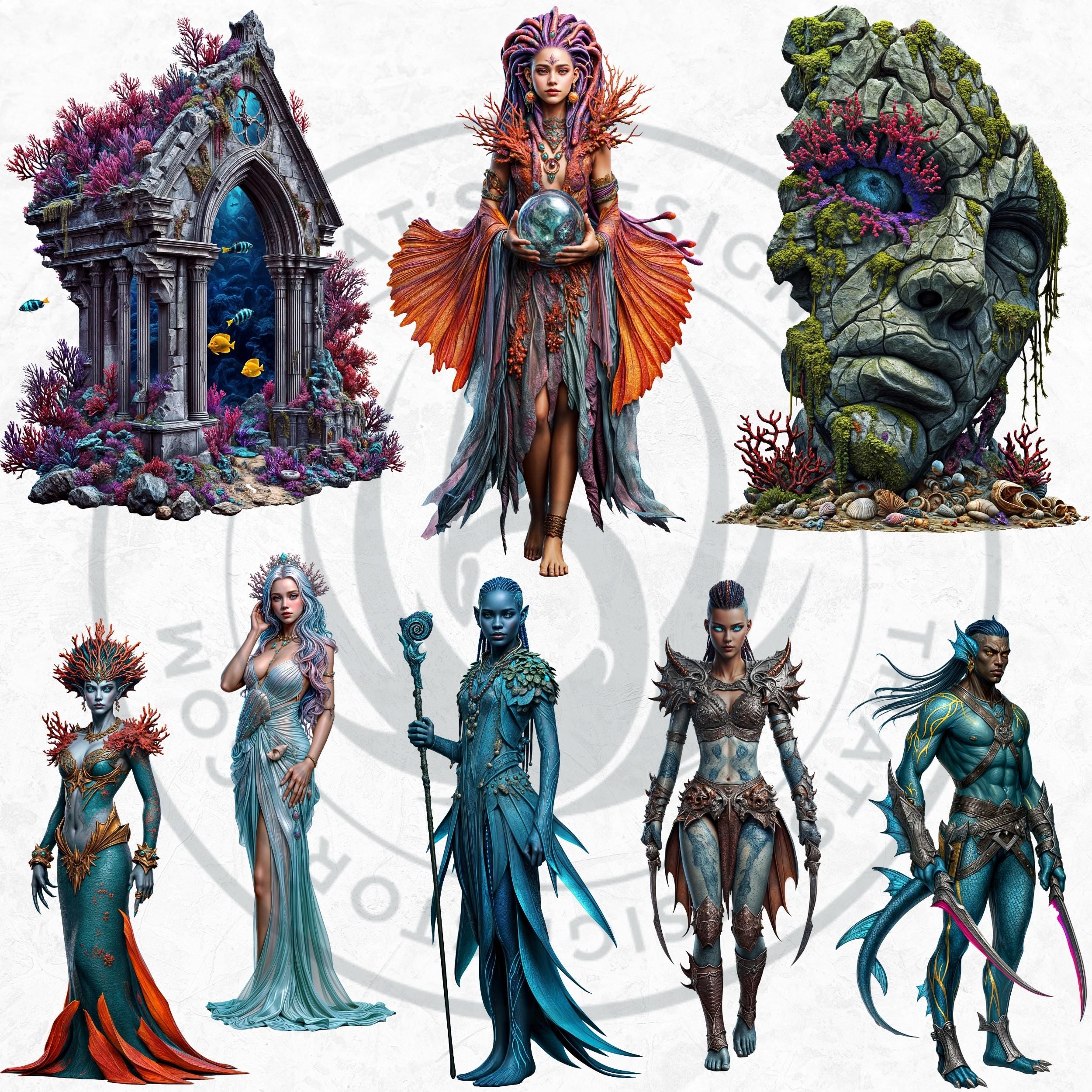 Deep Sea Fantasy Clipart Set: Mermaid, Siren, & Sea God Pngs ...