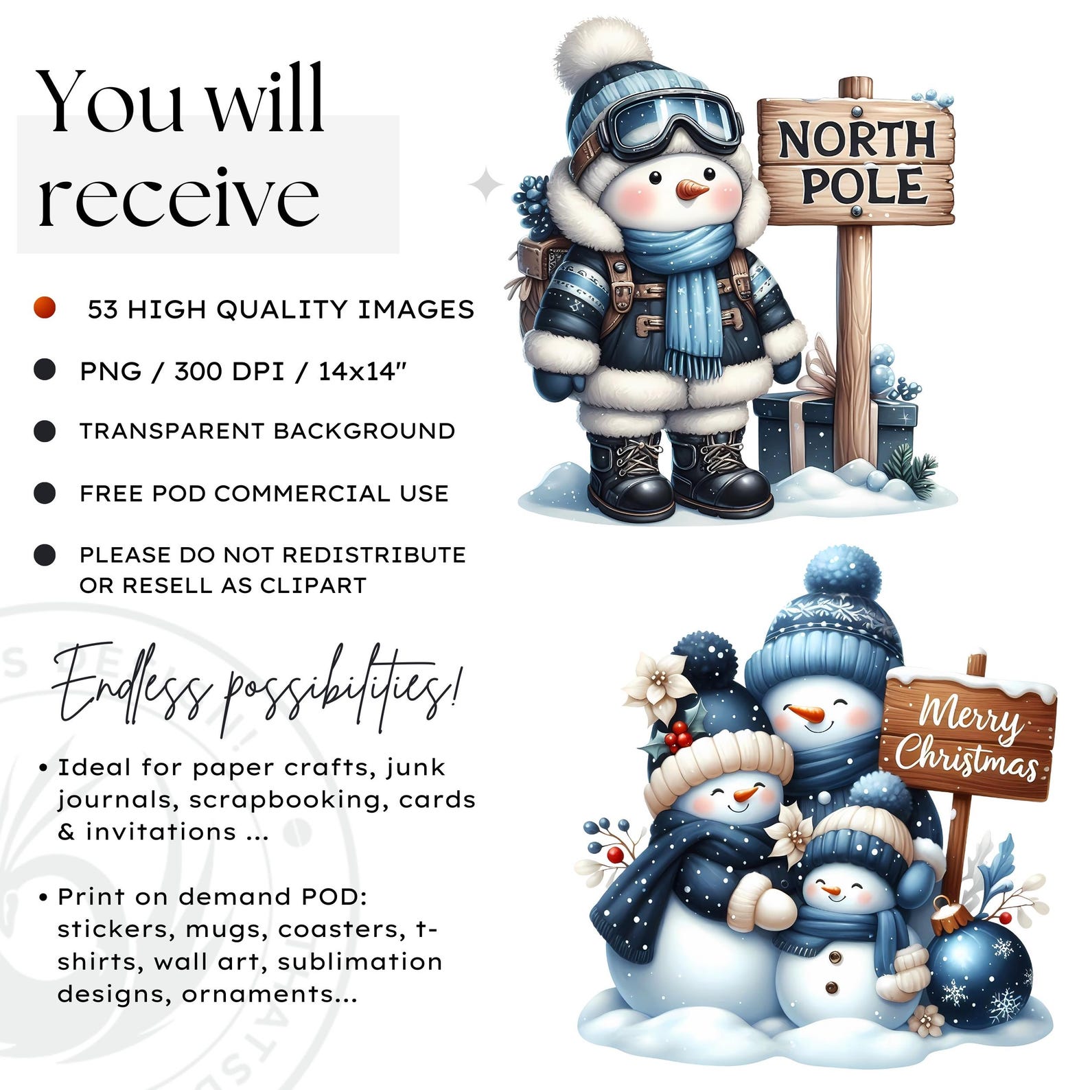 Christmas Snowman Clipart Bundle: Blue Winter (PNG, Commercial Use ...