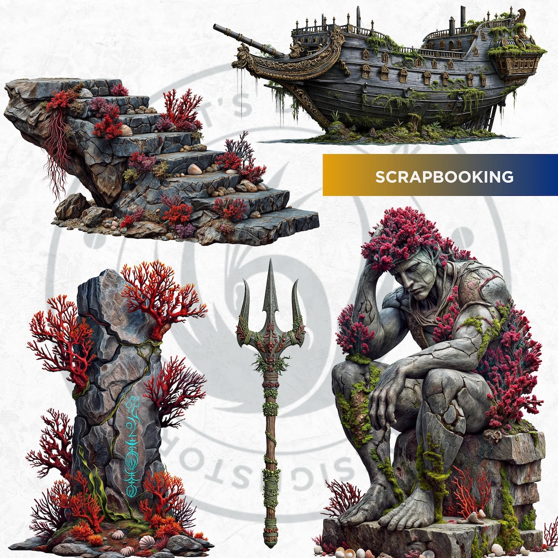 Deep Sea Fantasy Clipart Set: Mermaid, Siren, & Sea God Pngs ...