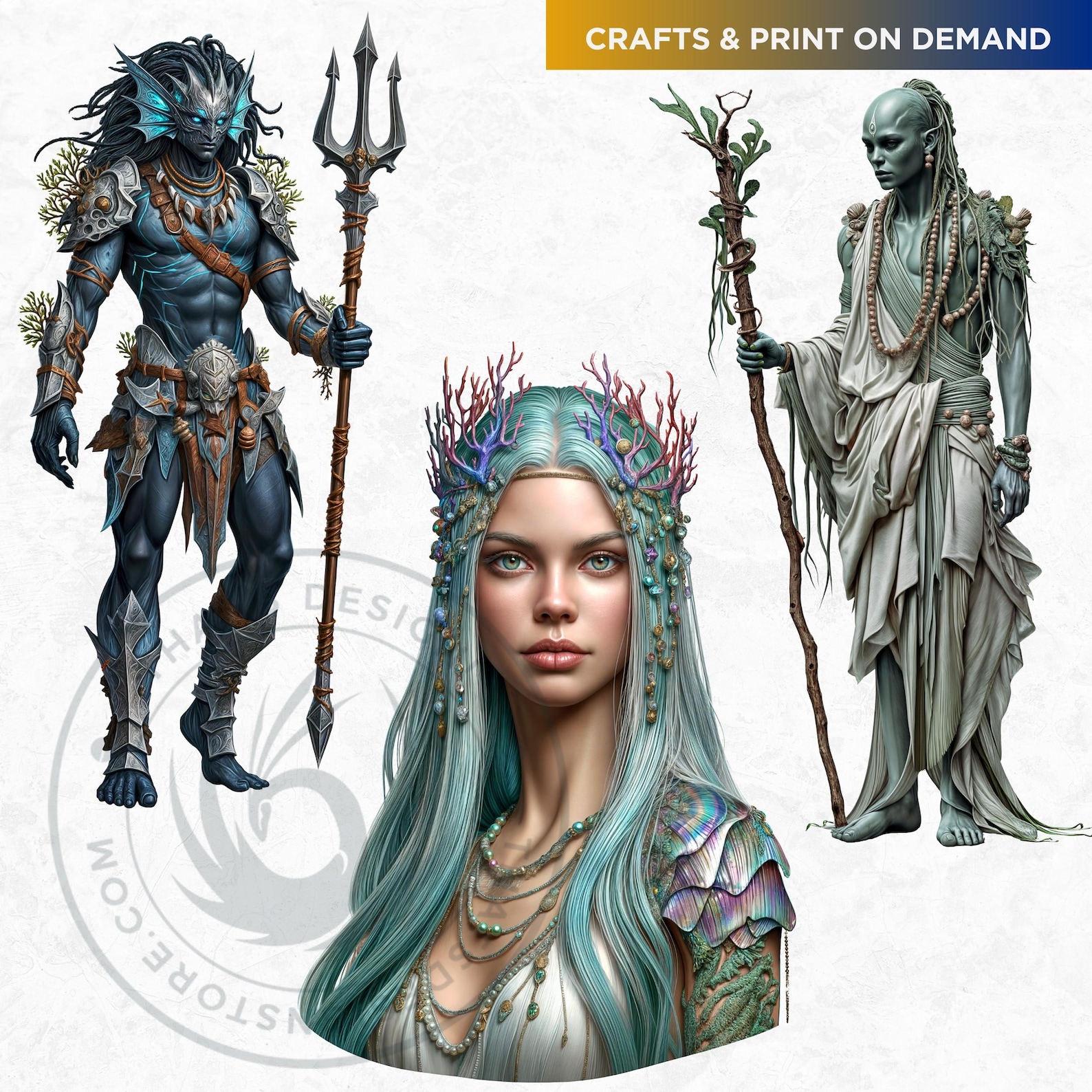 Deep Sea Fantasy Clipart Set: Mermaid, Siren, & Sea God Pngs ...
