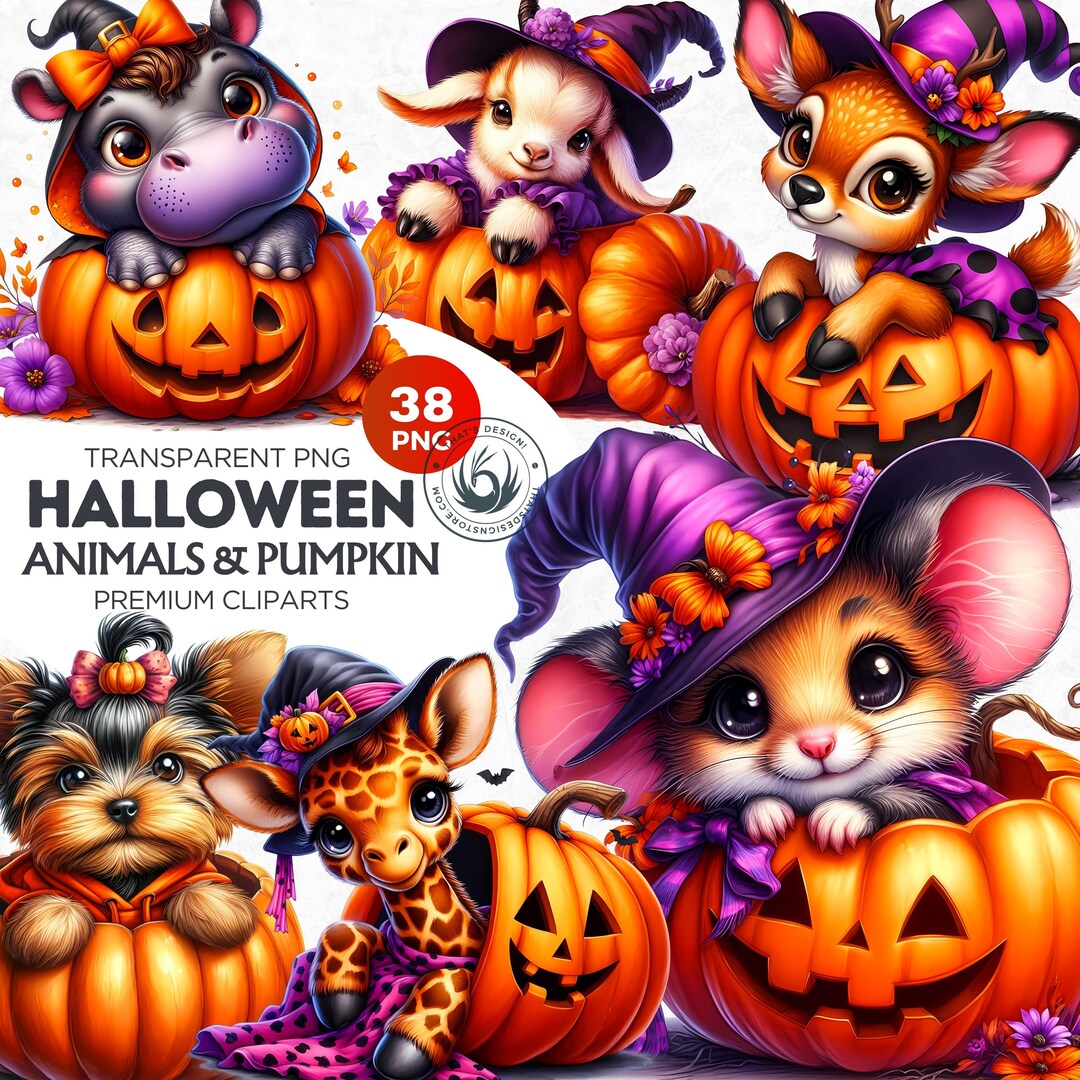 38 Halloween Animals in Pumpkin Clipart Set, Cute Halloween Clipart ...