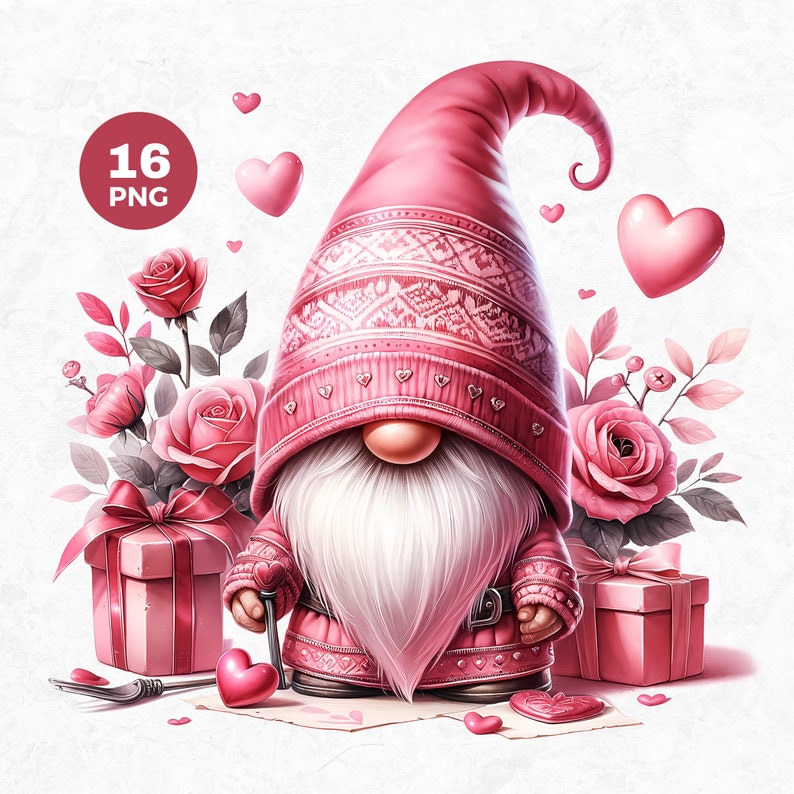 Pink Valentine Gnomes Clipart: Pastel Watercolor PNG (commercial Use ...