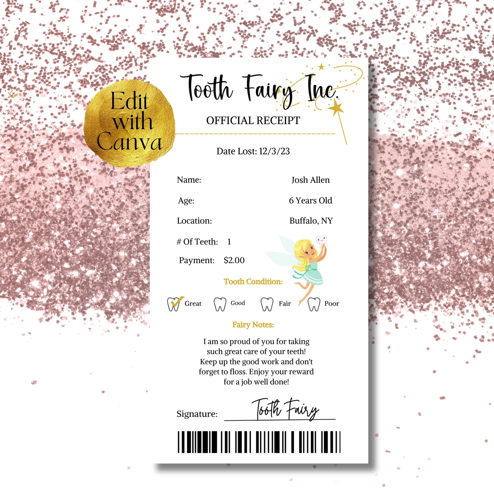 Editable Tooth Fairy Receipt Certificate Tooth Fairy - Etsy