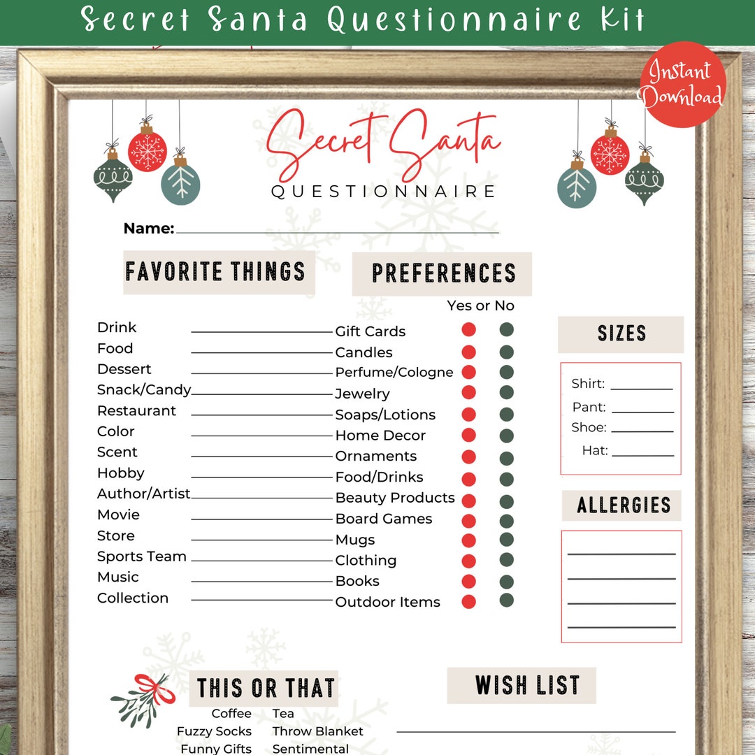 Secret Santa Questionnaire Printable| Secret Santa Survey Gift Exchange ...