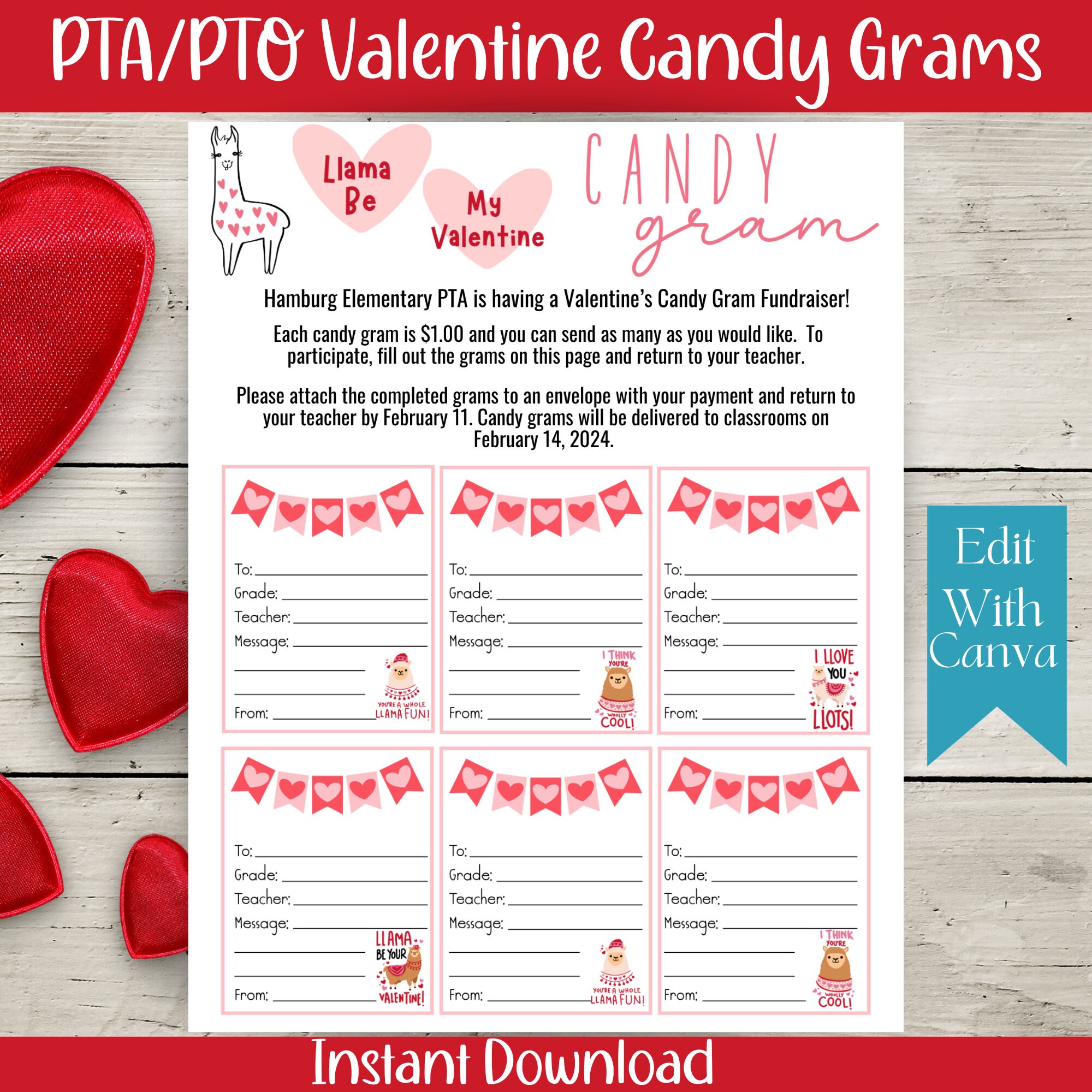 PTA PTO Valentine's Day Candy Gram Fundraiser Flyer Template| Candy ...