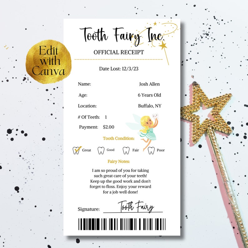 Editable Tooth Fairy Receipt Certificate Tooth Fairy - Etsy
