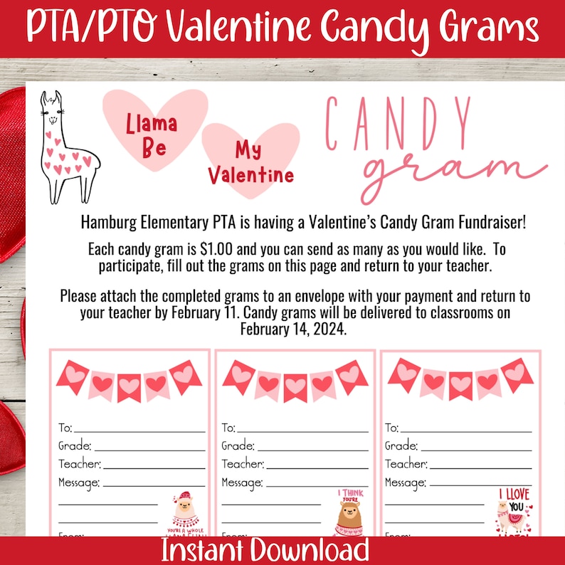 PTA PTO Valentine's Day Candy Gram Fundraiser Flyer Template| Candy ...