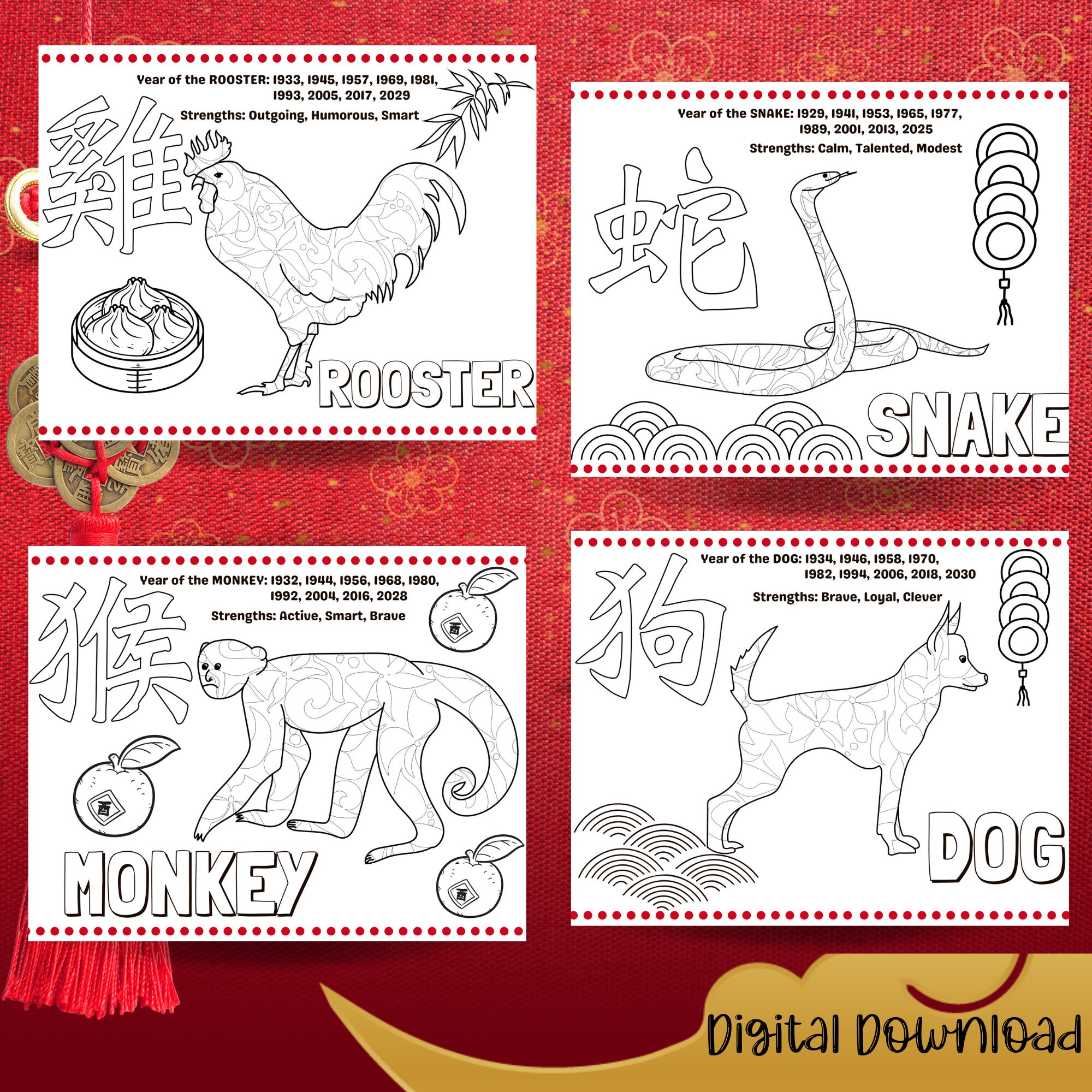 Lunar New Year Coloring Printable| Chinese Zodiac Animals New Year ...