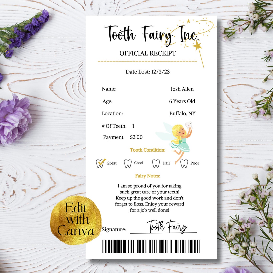 Editable Tooth Fairy Receipt Certificate Tooth Fairy - Etsy