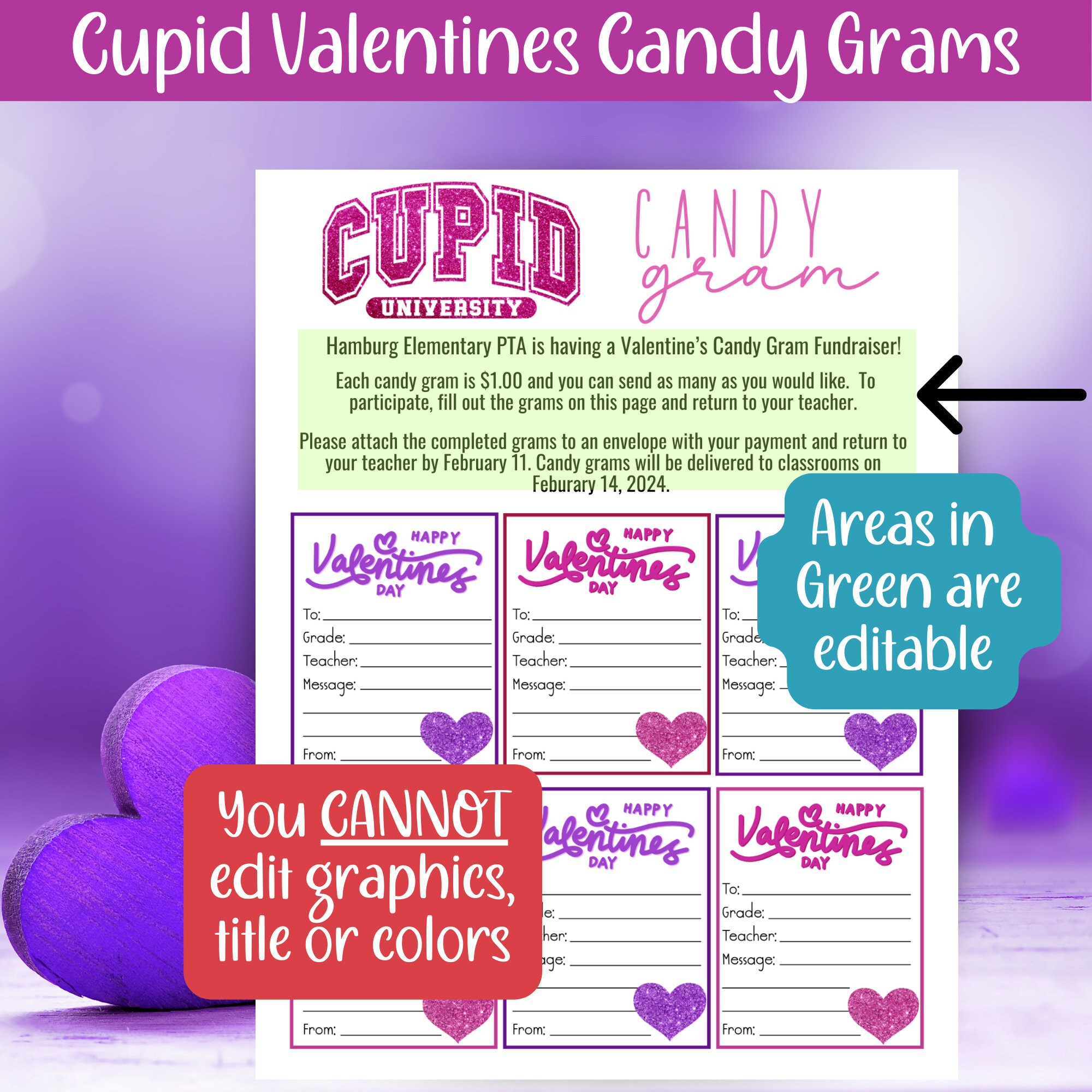 PTA PTO Valentine's Day Candy Gram Fundraiser Flyer Template| Candy ...