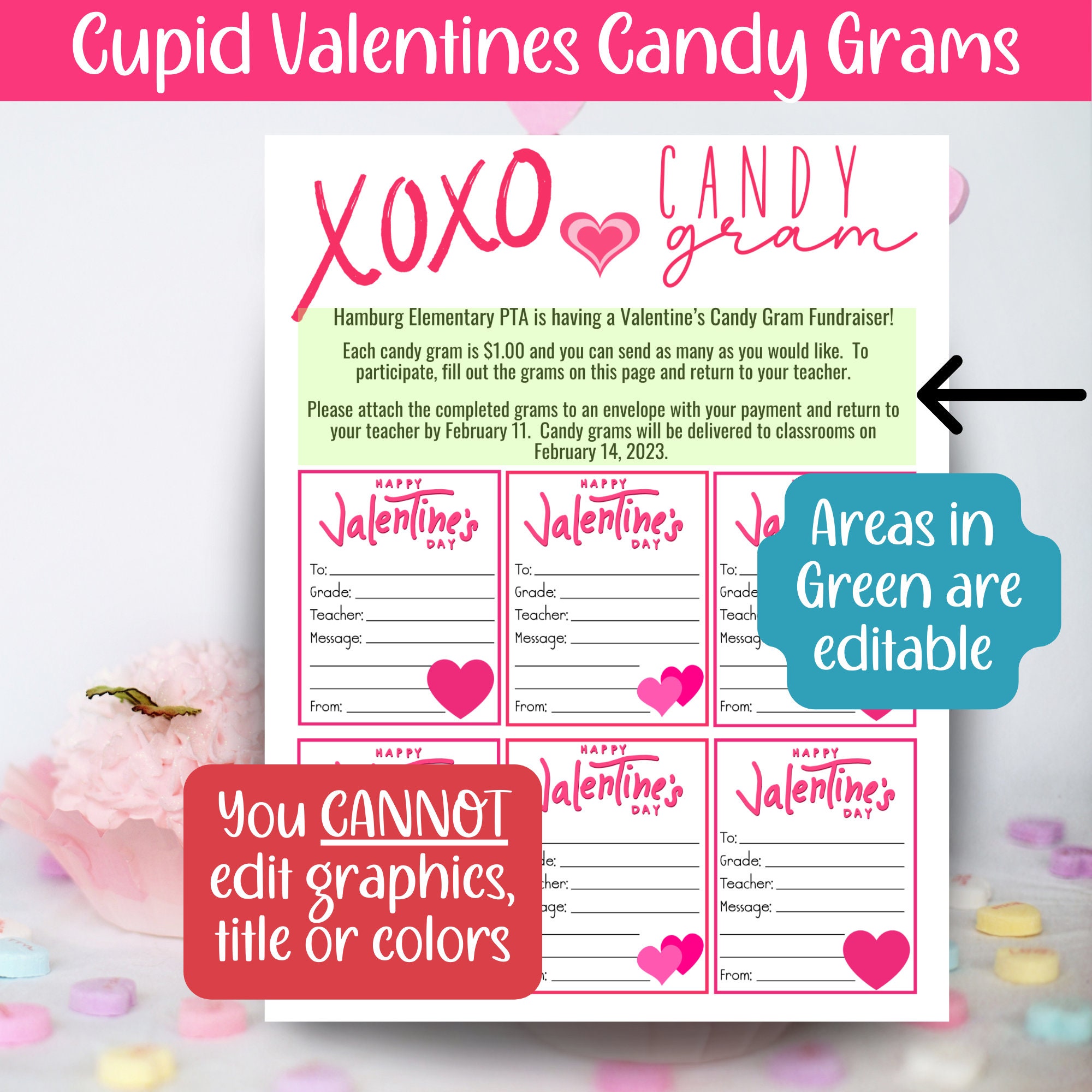 PTA PTO Valentine's Day Candy Gram Fundraiser Flyer Template| Candy ...