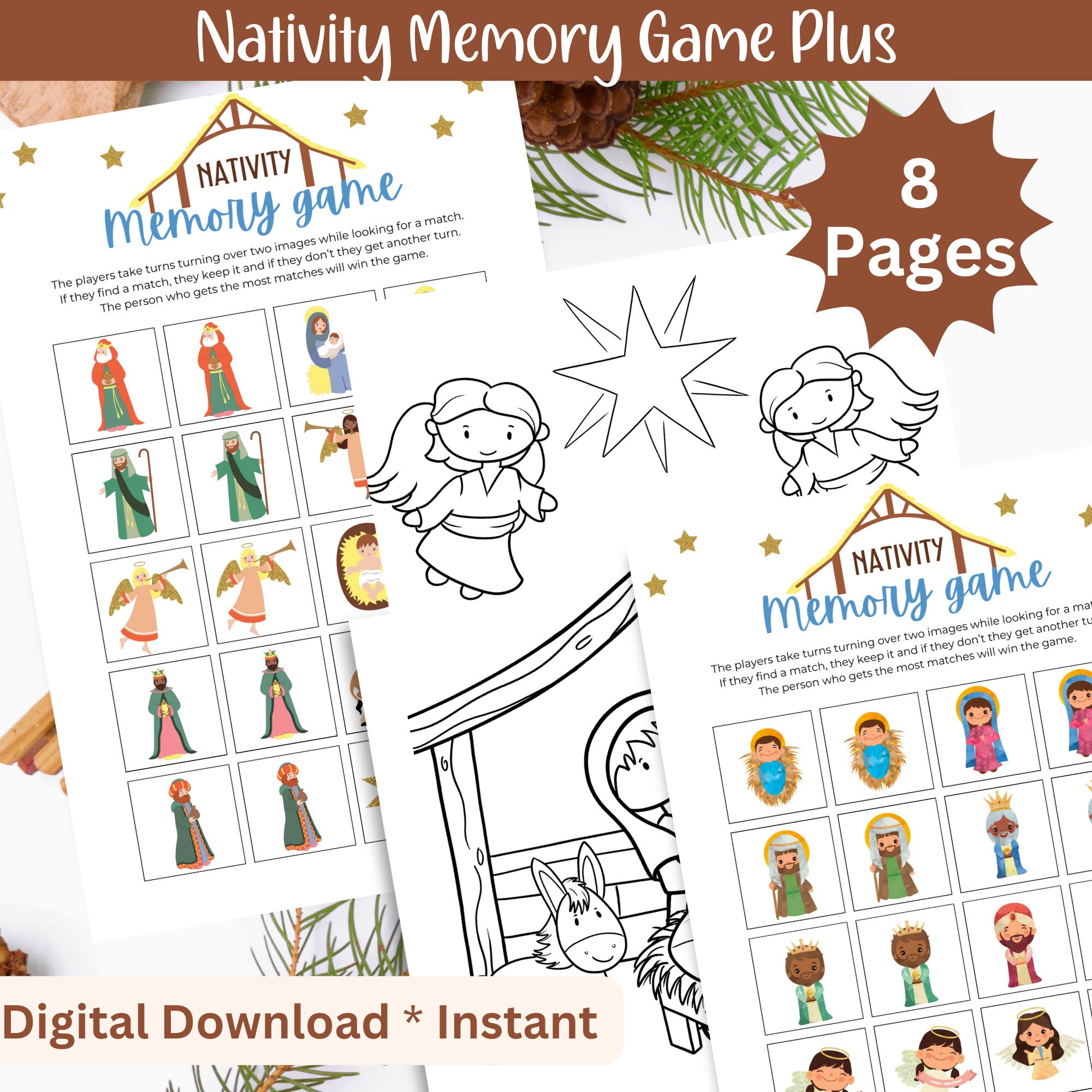 Nativity Coloring Activity Pages Christmas Matching | Preschool Bible ...