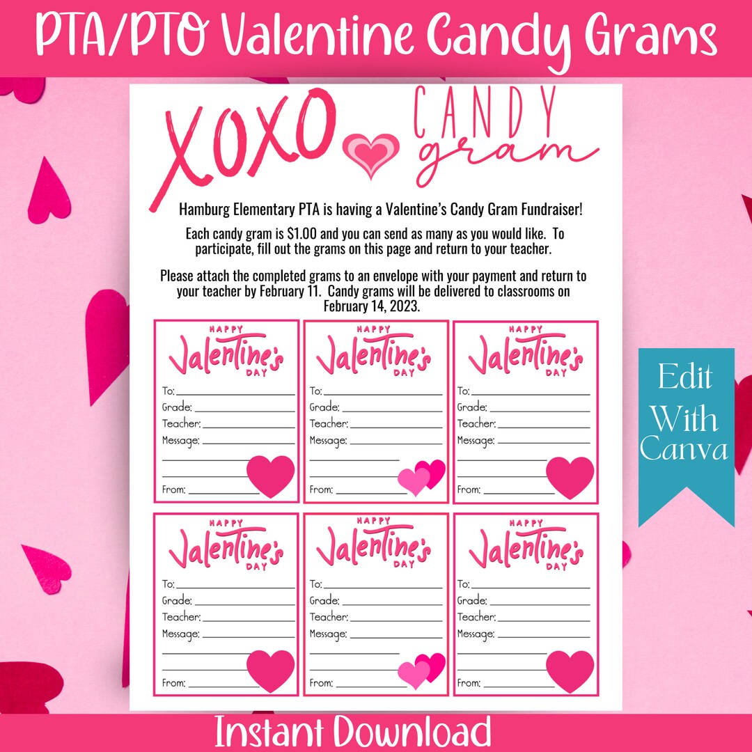 PTA PTO Valentine's Day Candy Gram Fundraiser Flyer Template| Candy ...