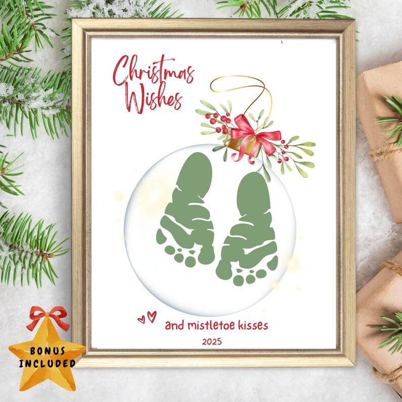 Mistletoe Kisses Christmas Footprint Art Printable, Holiday Ornament ...