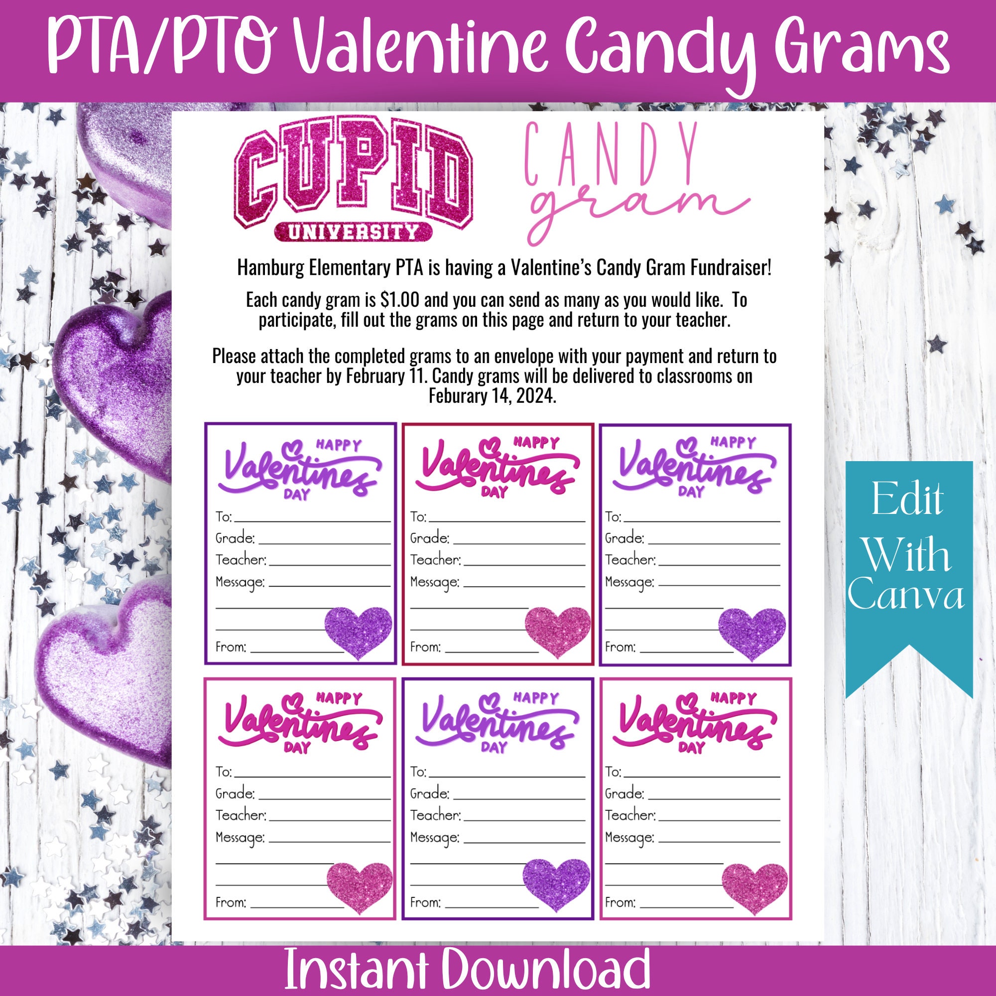 PTA PTO Valentine's Day Candy Gram Fundraiser Flyer Template| Candy ...