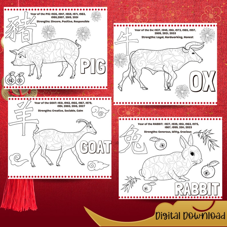 Chinese Zodiac Animal Coloring Pages, Lunar New Year Activity Sheets ...