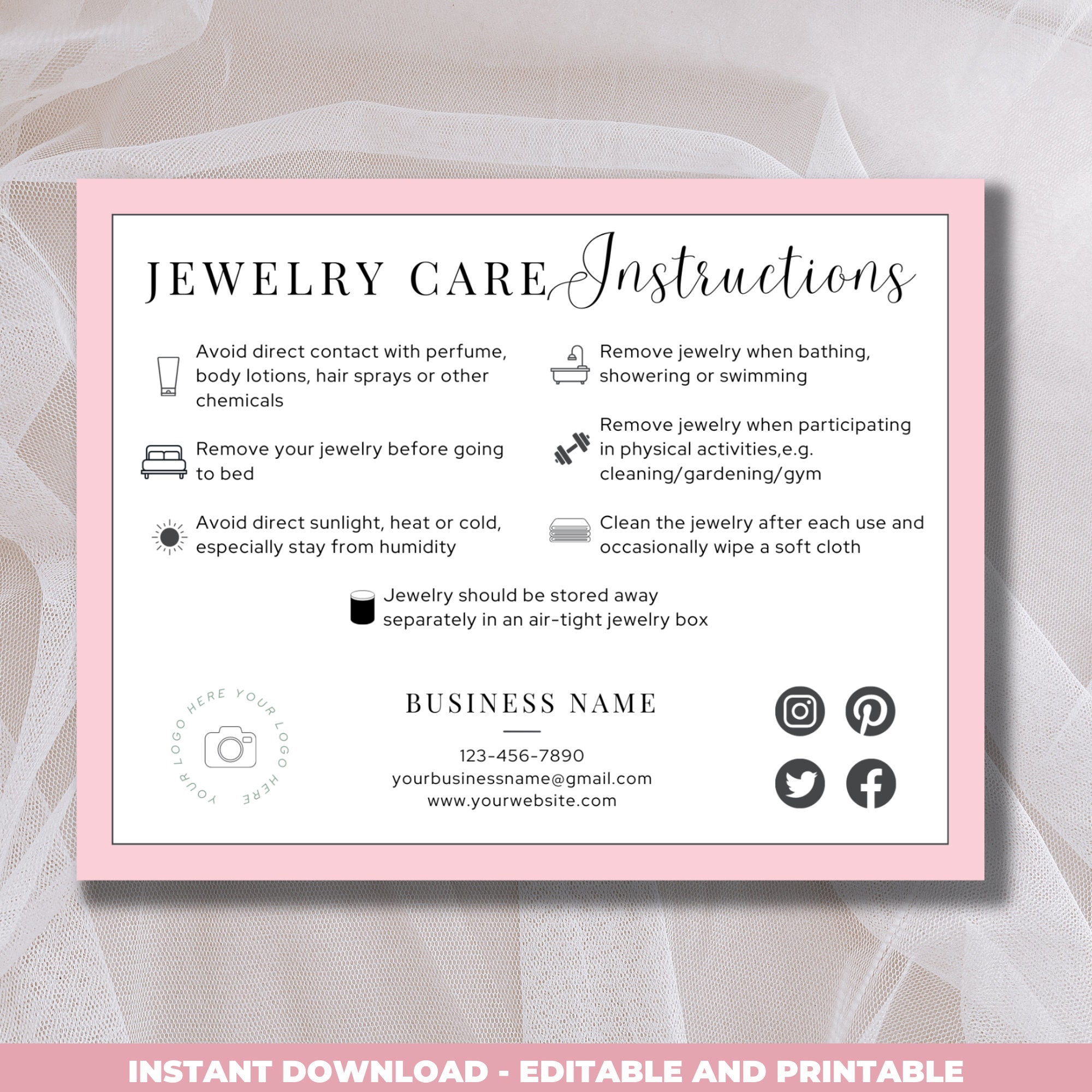 Editable Jewelry Care Card Template INSTANT DOWNLOAD Jewelry Care ...