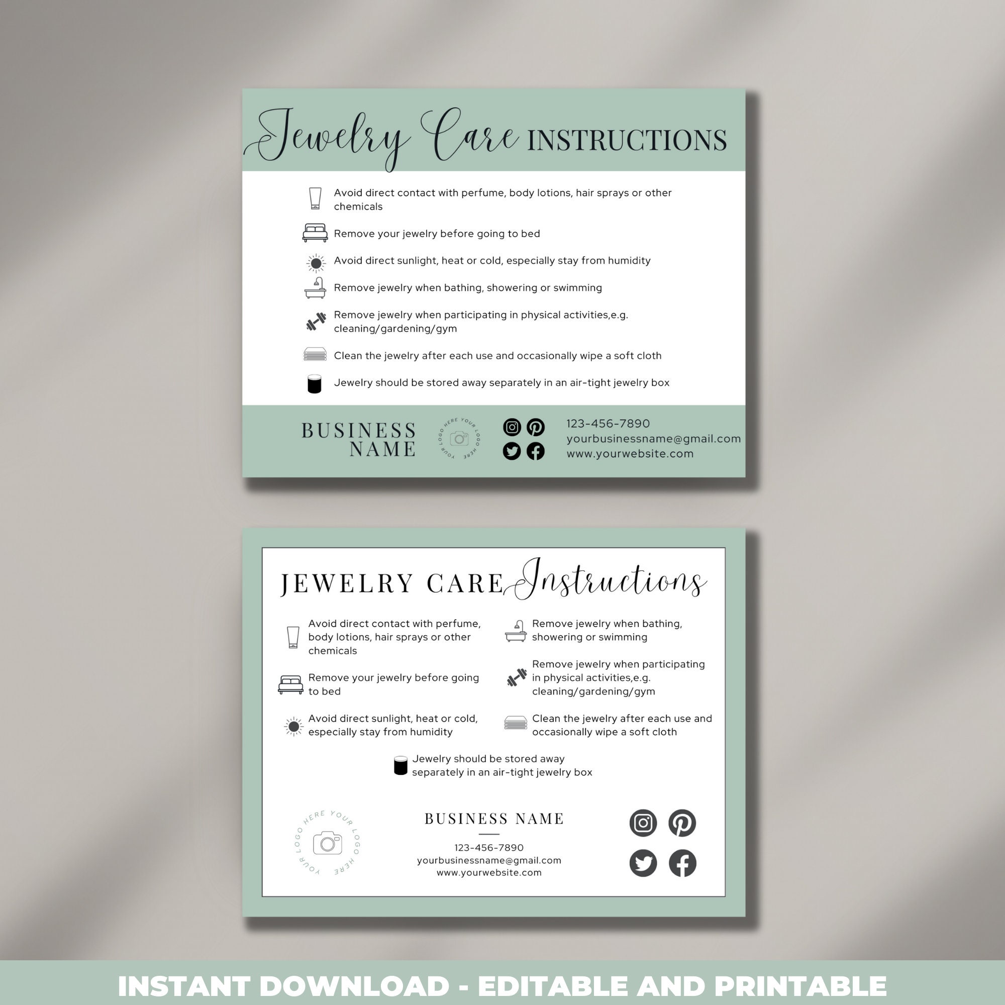 Editable Jewelry Care Card Template INSTANT DOWNLOAD Jewelry Care ...
