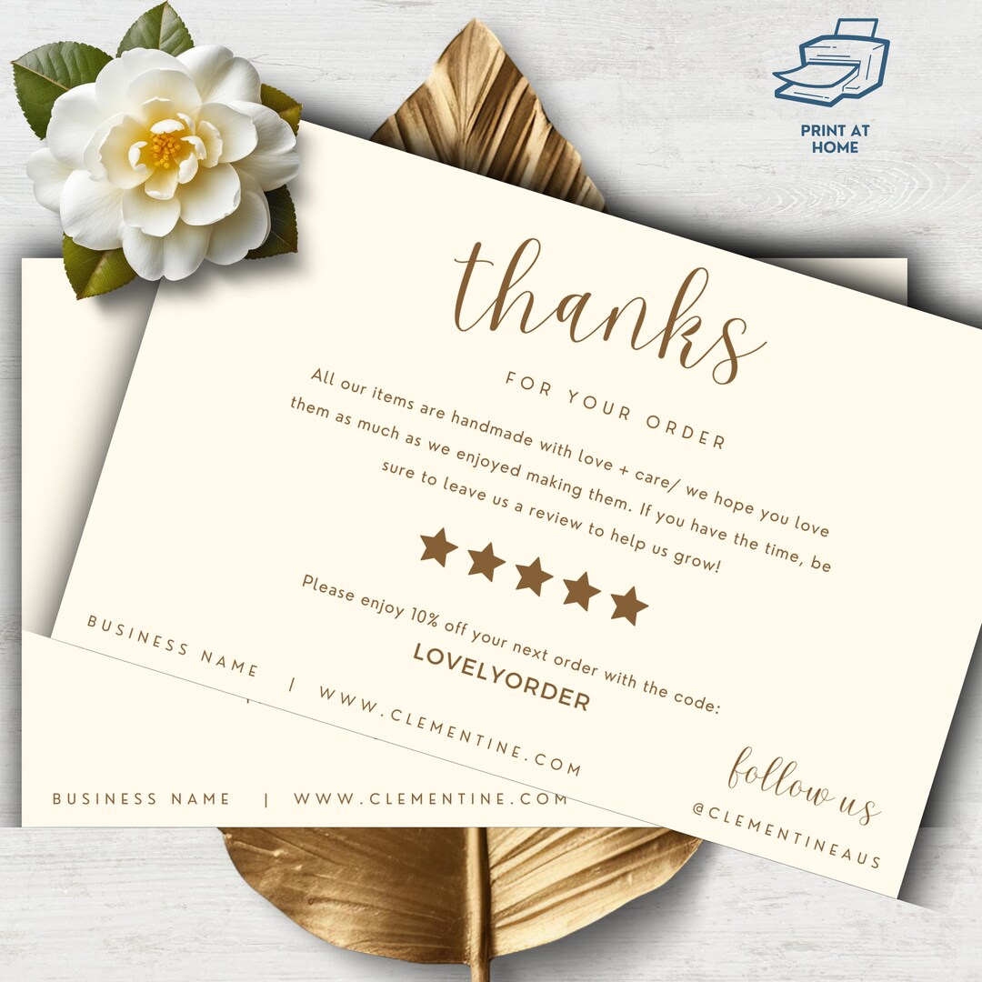 Business Thank You Card Template, Printable Package Insert (digital ...