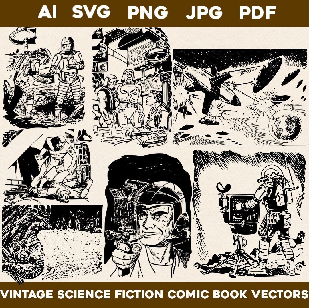 90s Retro Vintage Science Fiction Comic Book Vectors Bundle, Vintage ...