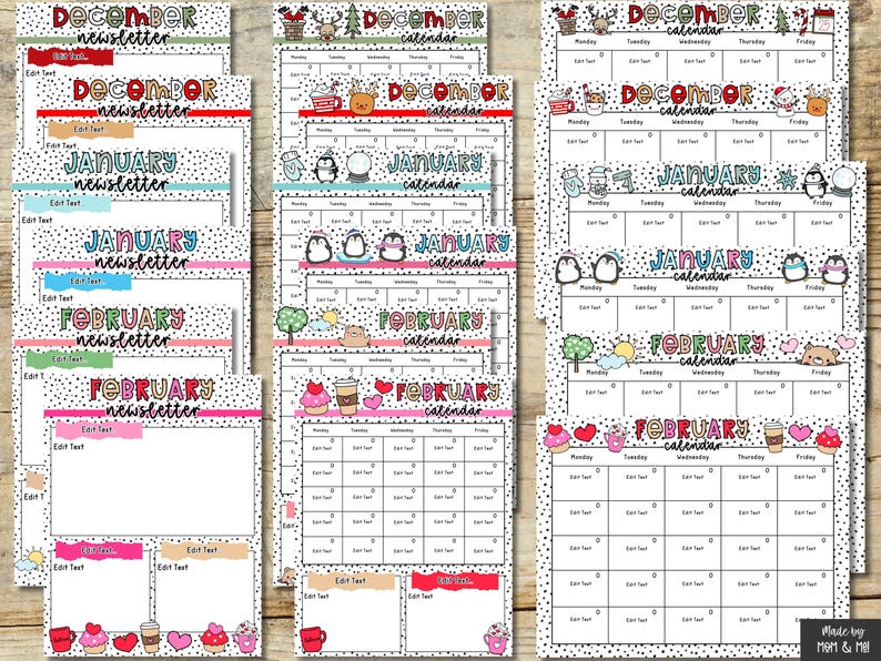 Newsletter Templates and Monthly Calendars for Winter, Classroom Bundle ...