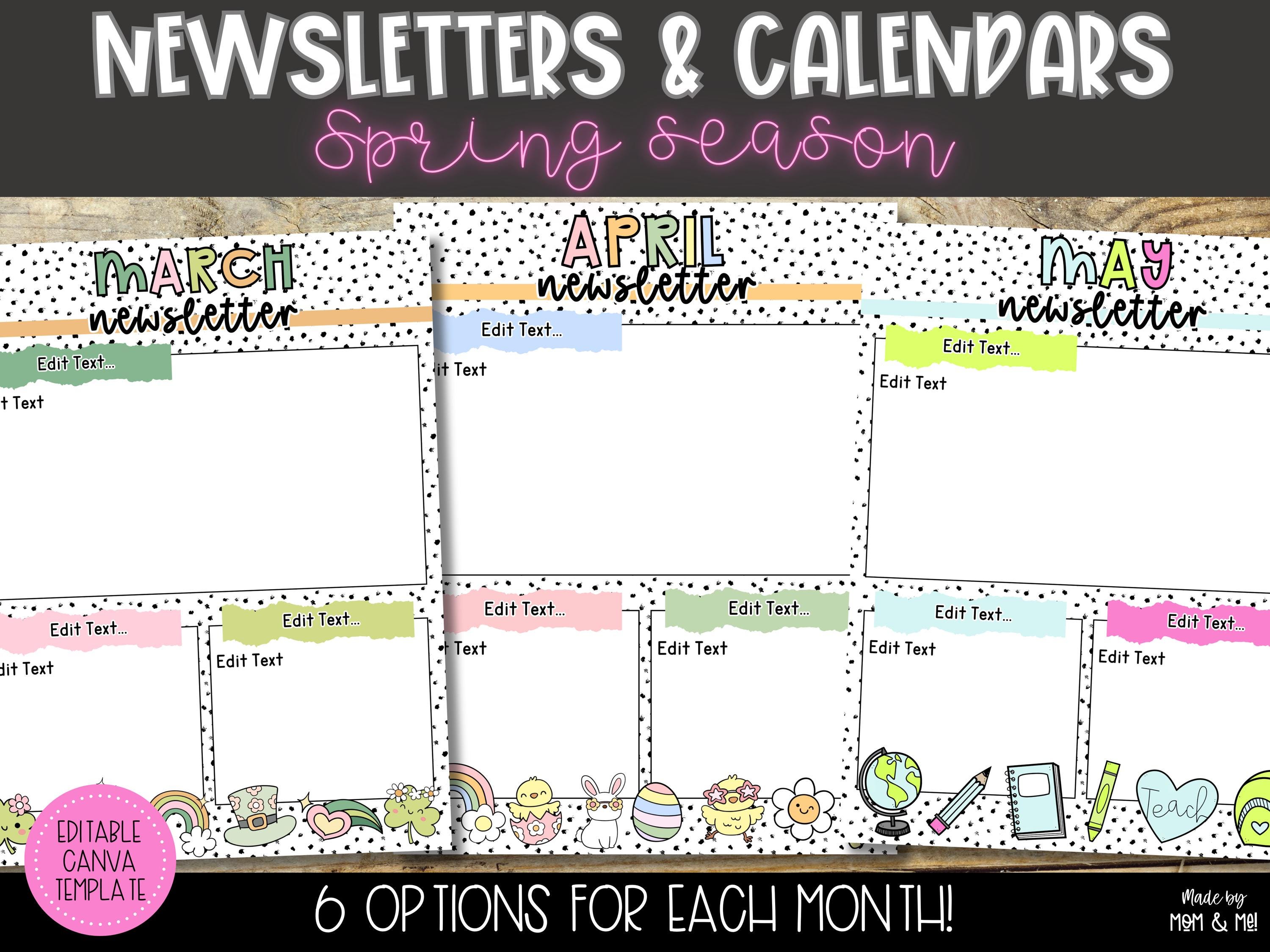 Newsletter Templates and Monthly Calendars for Spring, Classroom Bundle ...