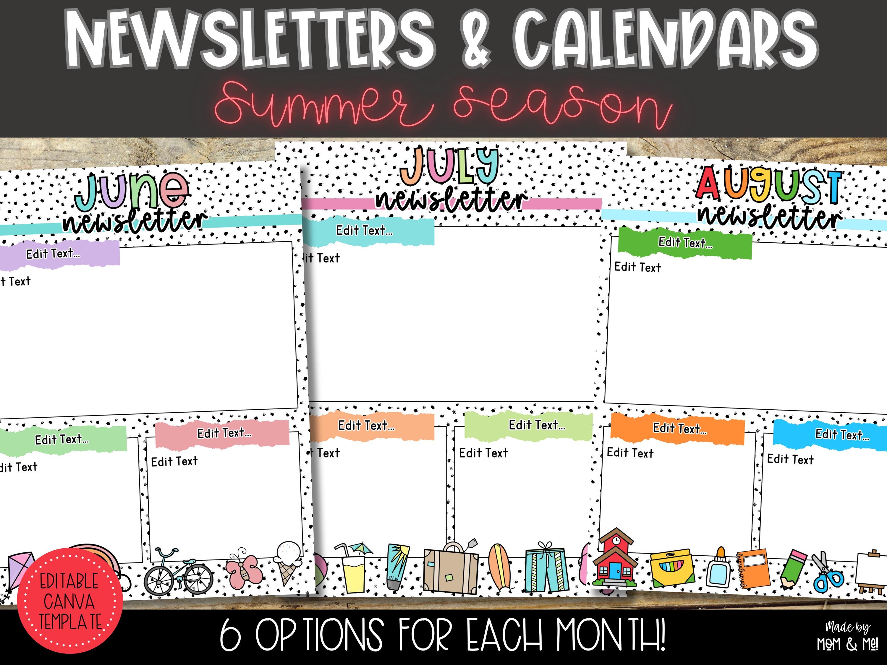 Newsletter Templates and Monthly Calendars for Summer, Classroom Bundle ...