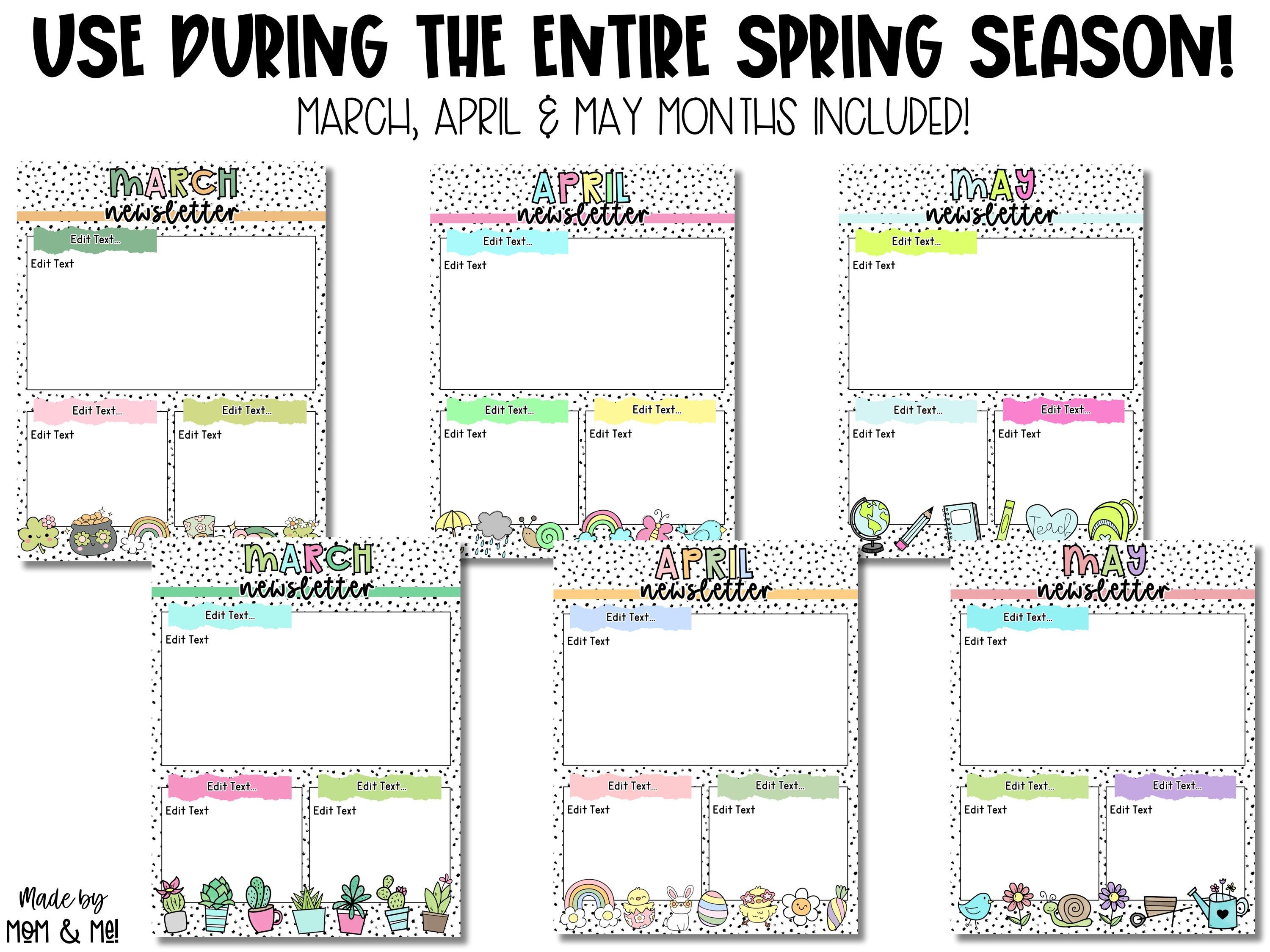Newsletter Templates and Monthly Calendars for Spring, Classroom Bundle ...