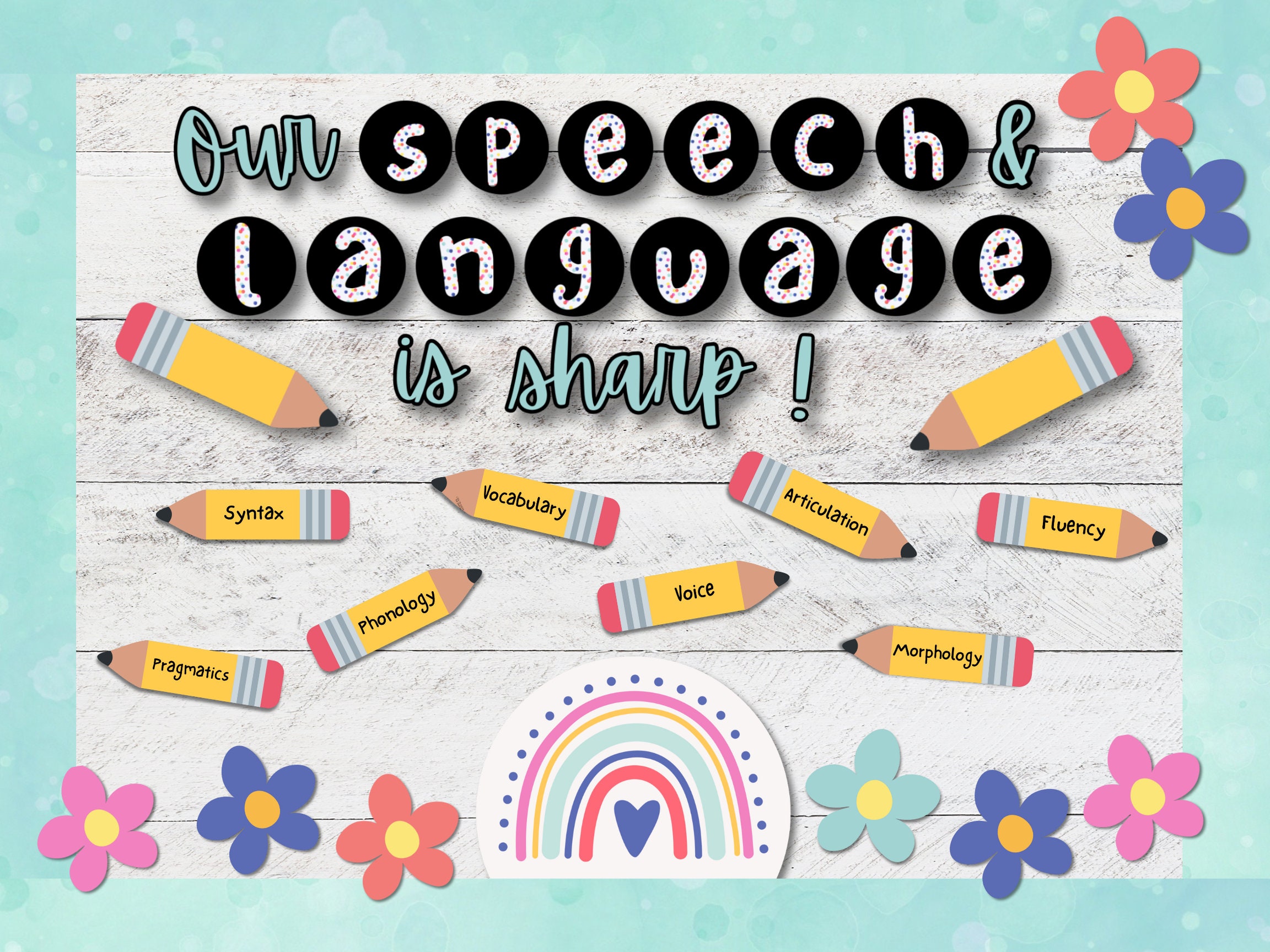 Speech Therapy Room Decor, Bulletin Board Kit, Boho Rainbows, Speech is ...