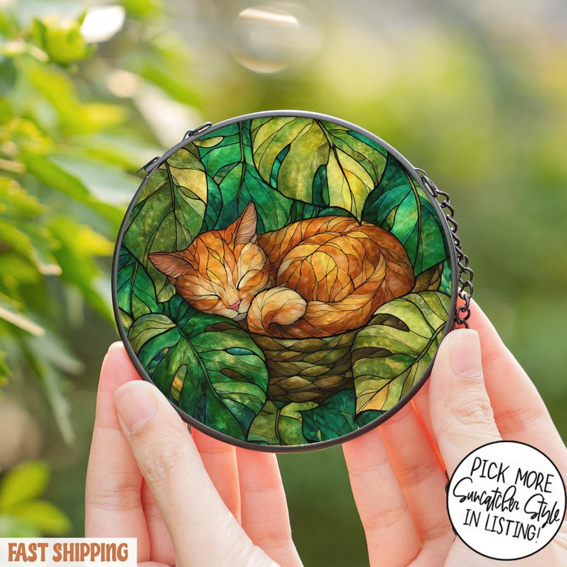 Cat Monstera Leaves Stain Glass Suncatcher, Glass Inspired Wavy Shape ...