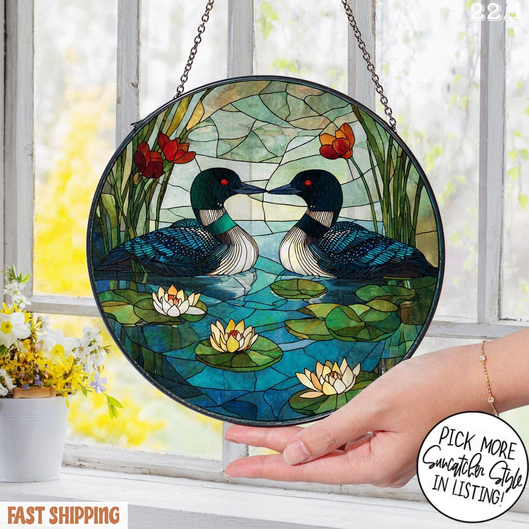 Loon Couple Stained Glass Suncatcher, Wildlife Bird Window Hanging ...