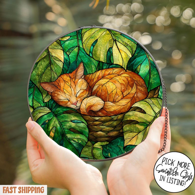 Cat Monstera Leaves Stain Glass Suncatcher, Glass Inspired Wavy Shape ...